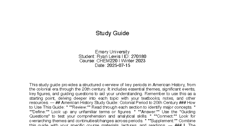 CHEM220 Study Guide: American History Overview (Colonial to 20th ...