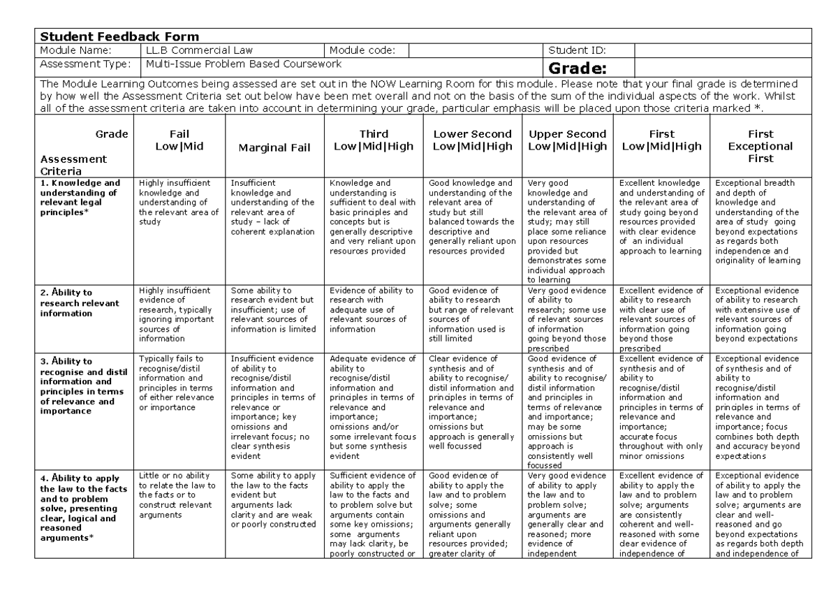 Coursework Grading Matrix LAW 22344 - Student Feedback Form Module Name ...