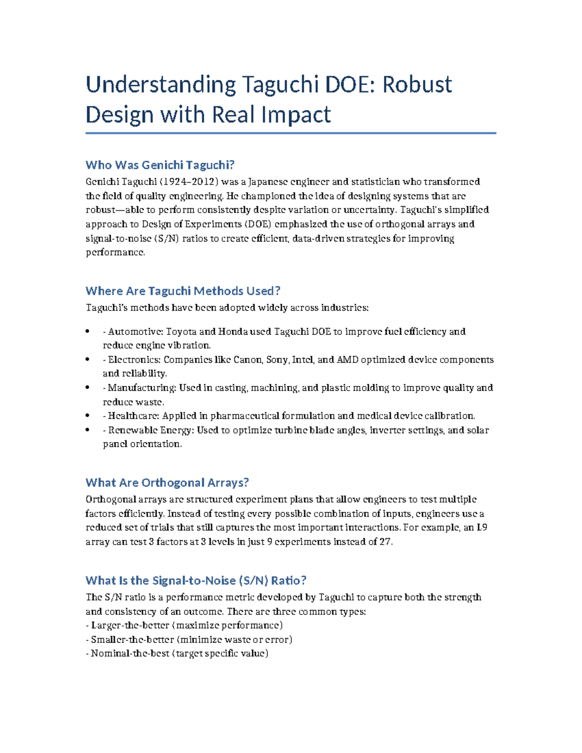 MEM260 Taguchi DOE: Understanding Robust Design and Its Applications ...