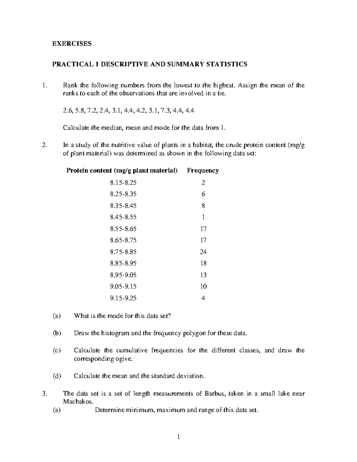 Exercises-BOTA 302 Biostatistics - EXERCISES PRACTICAL 1 DESCRIPTIVE AND SUMMARY STATISTICS Rank ...