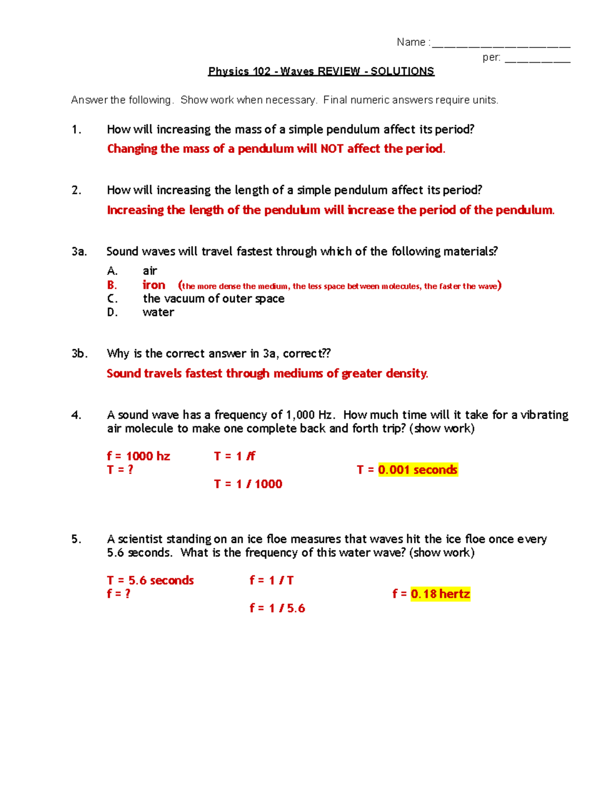 Physics 102 - Waves Final Exam Review Solutions - Name ...