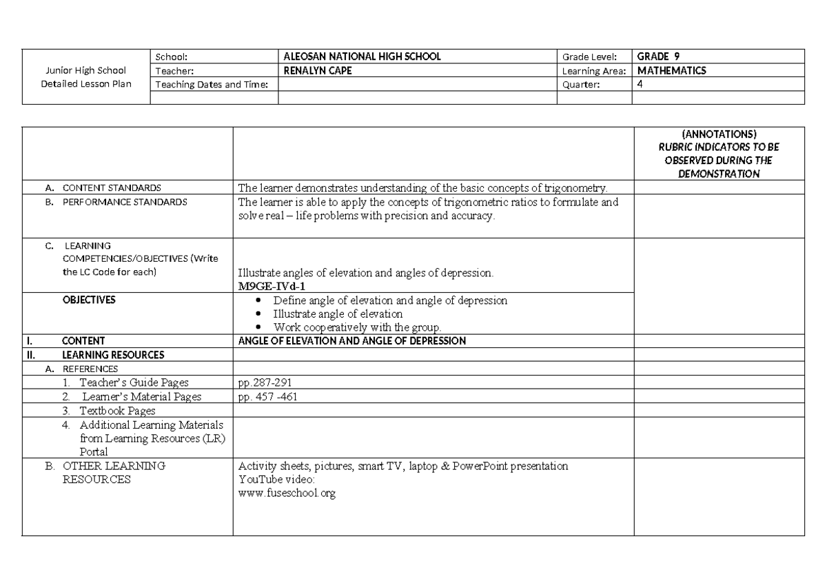 JHS Math Lesson Plan: Angles of Elevation & Depression (Grade 9) - Studocu