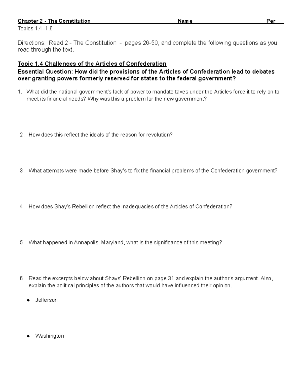 US Government CH 2 Reading Questions: Constitution Insights and ...