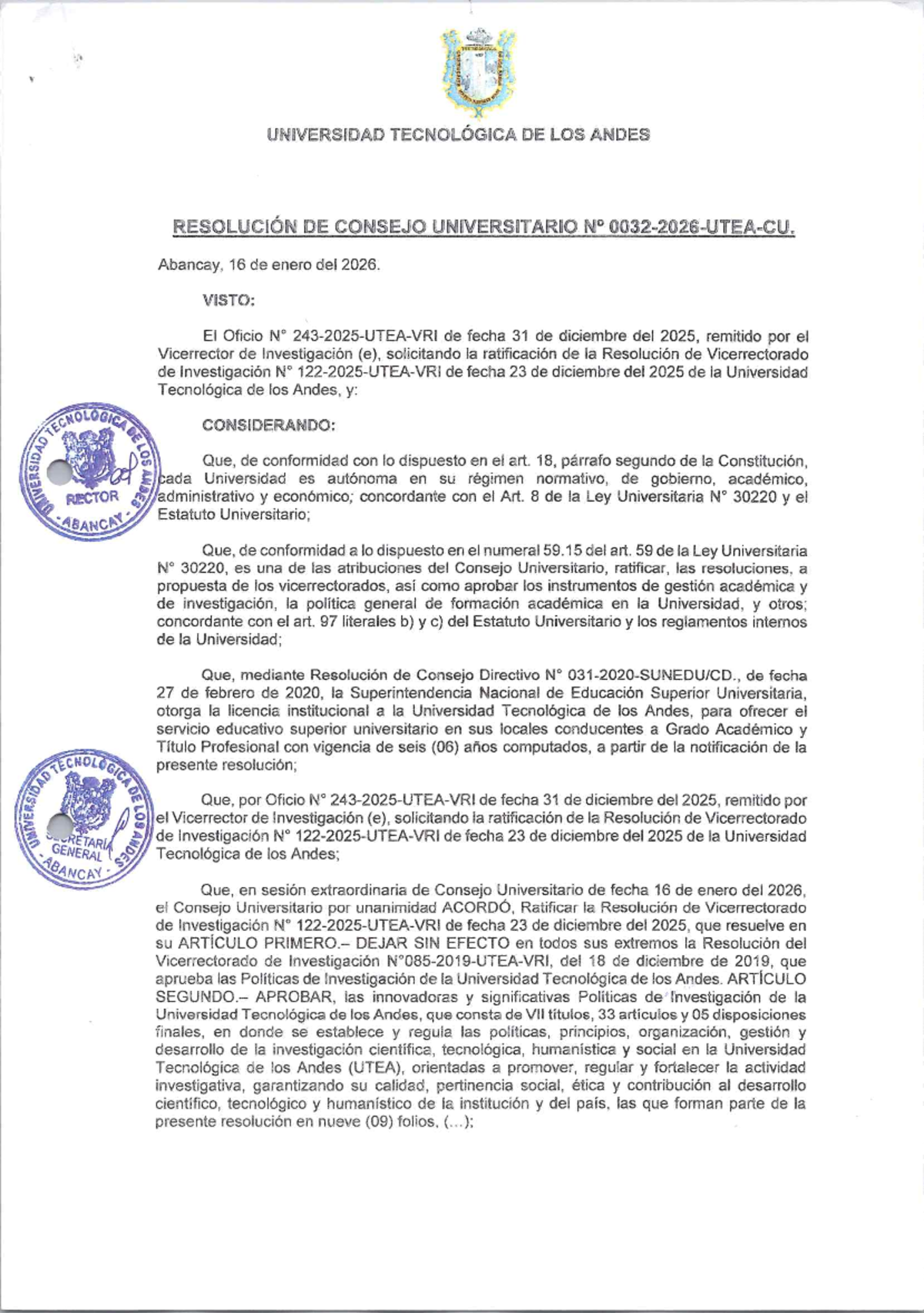 Políticas de Investigación UTEA: Resolución del Consejo Universitario ...
