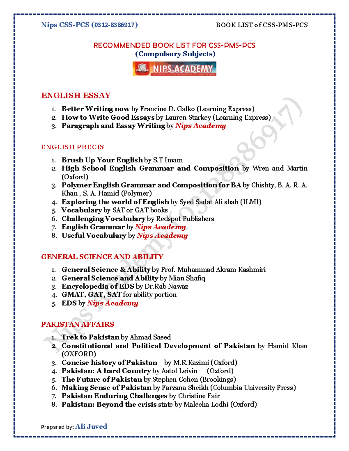 Recommended Books for CSS-PMS-PCS Exams (0312-8386917) - Studocu