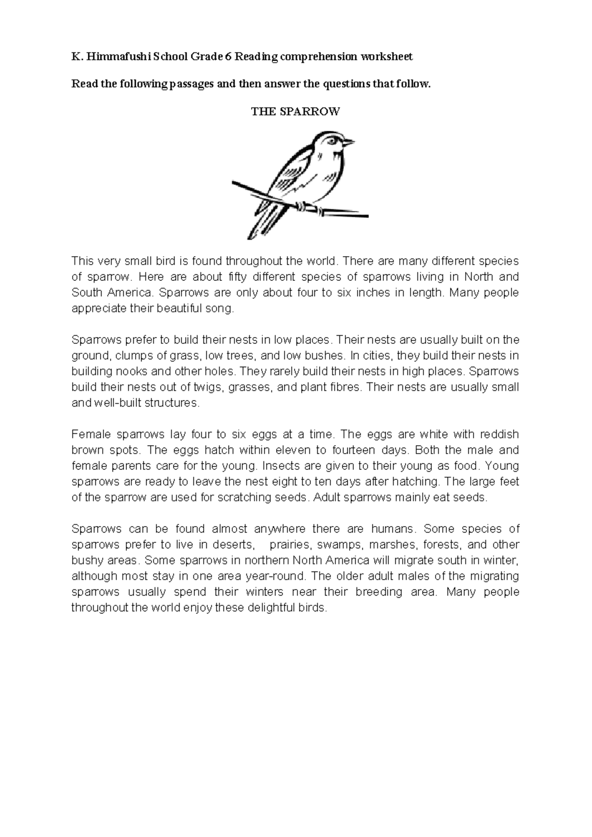 K. Himmafushi School Grade 6 Reading Comprehension Exercises - Studocu