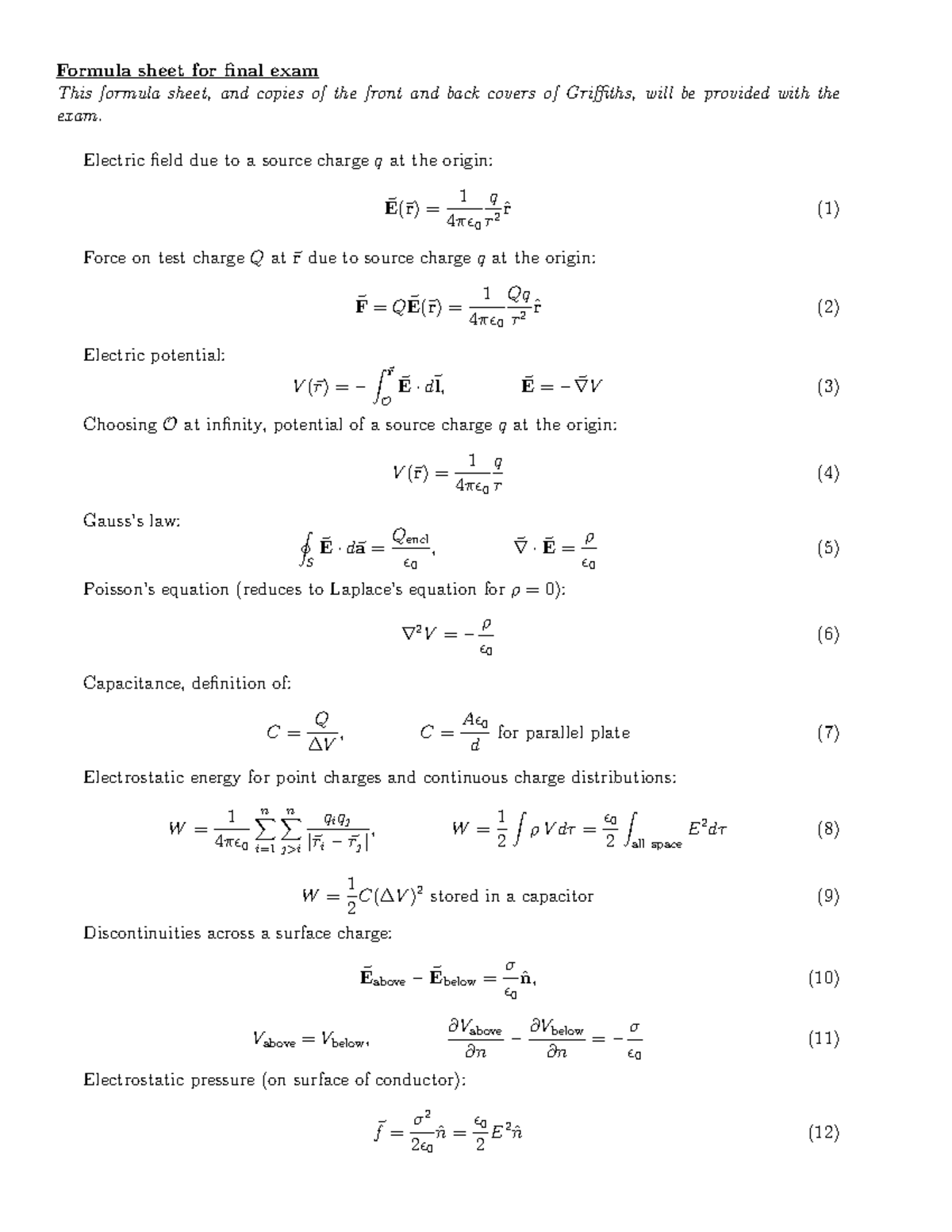 Formula Sheet for Final Exam - Physics 101 (PHYS101) - Studocu