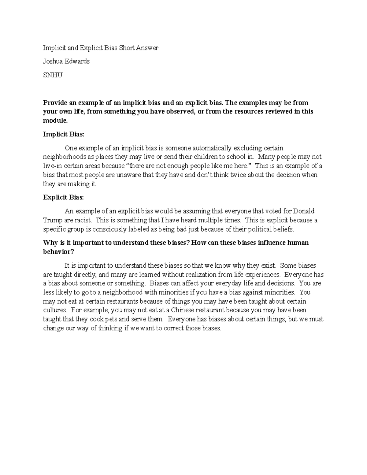 SNHU Lecture Notes on Implicit and Explicit Bias: Examples & Insights ...