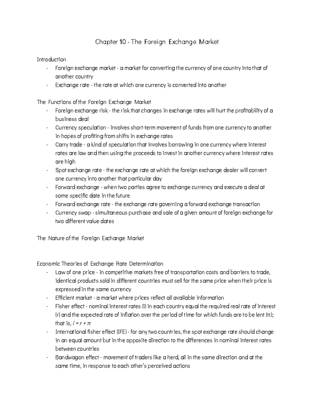 Chapter 10 - The Foreign Exchange Market: Functions & Economic Theories ...