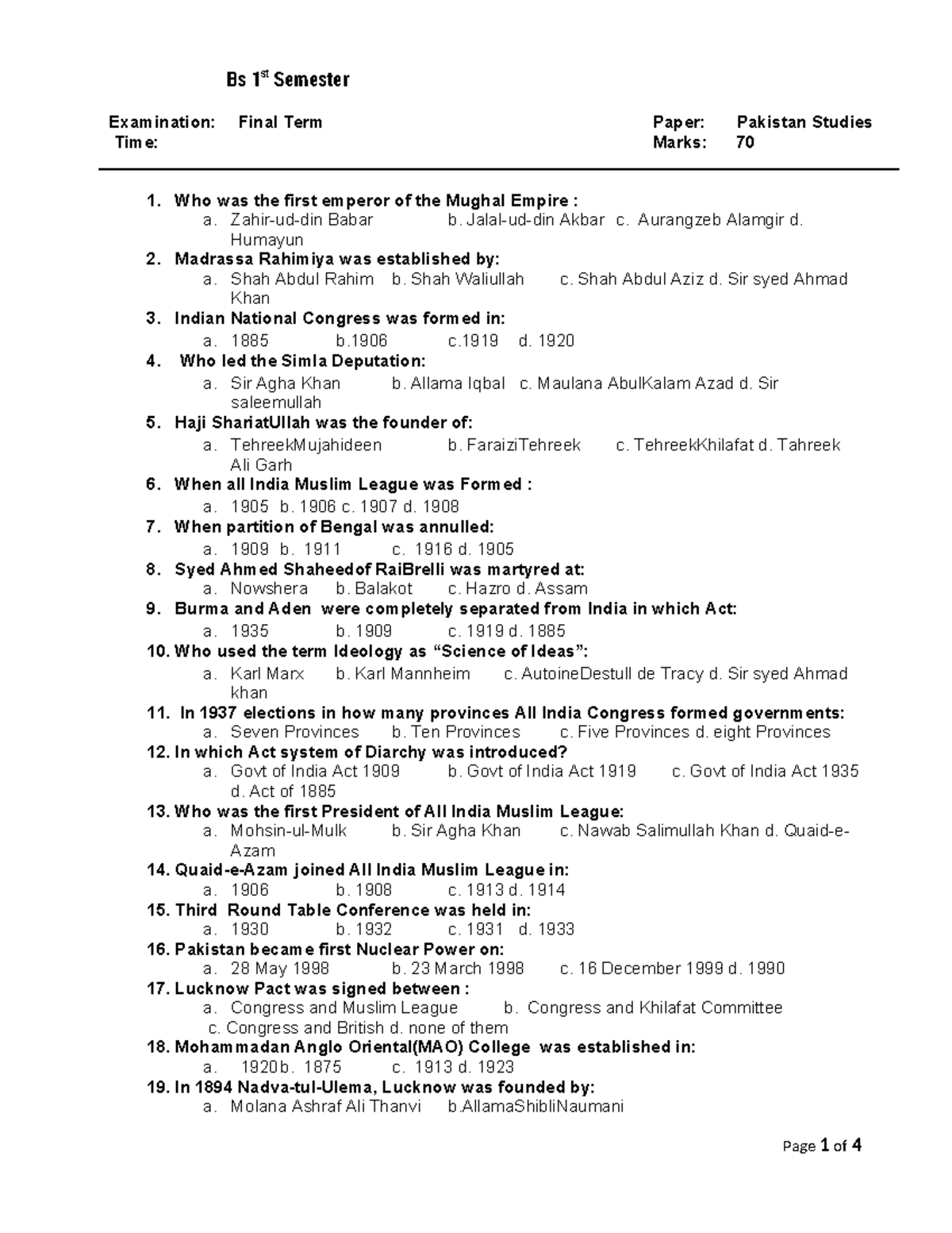 Bs 1st Semester Final Exam: Pakistan Studies Paper - Studocu