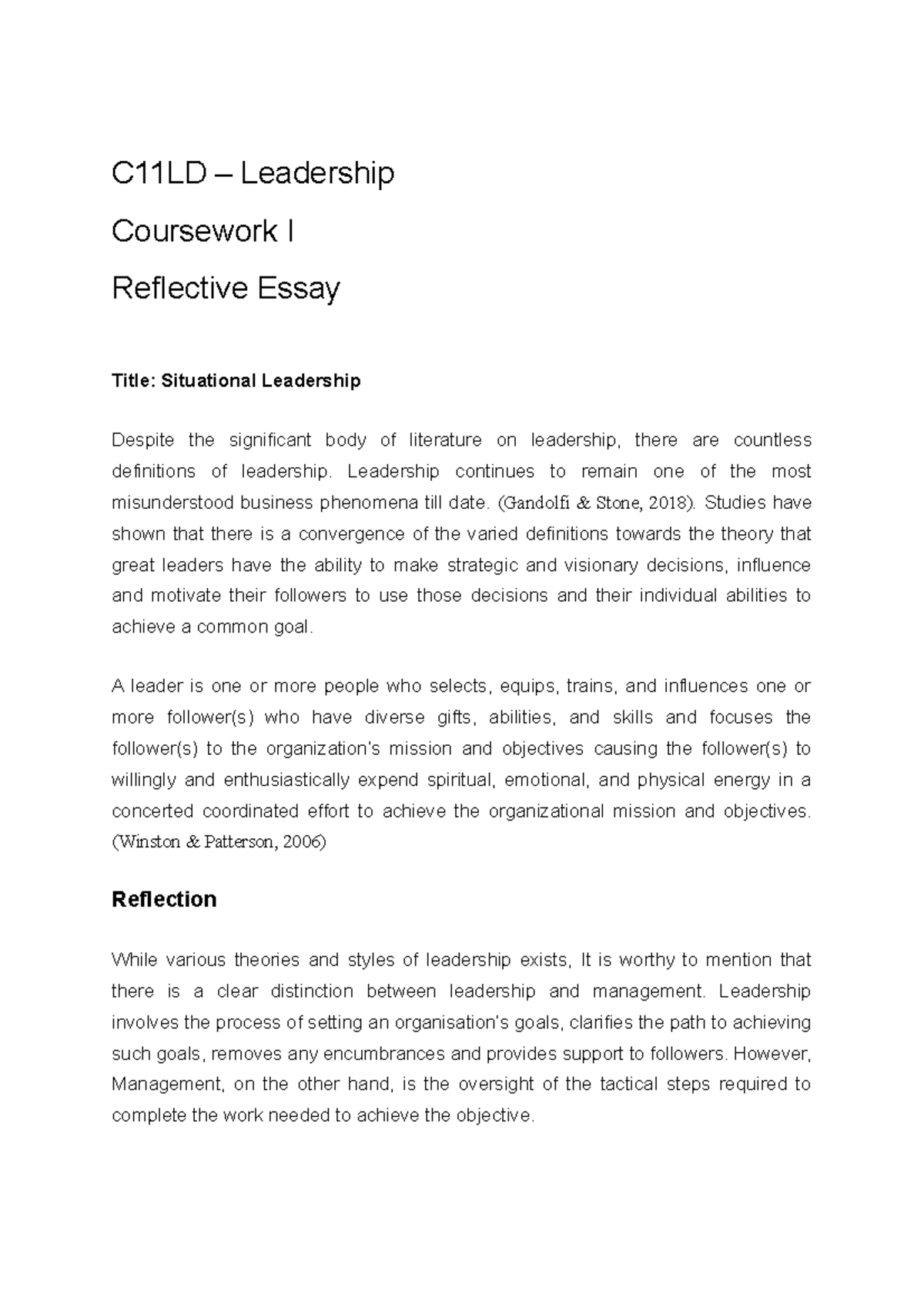 C11LD - Reflective Essay on Situational Leadership in Practice - Studocu