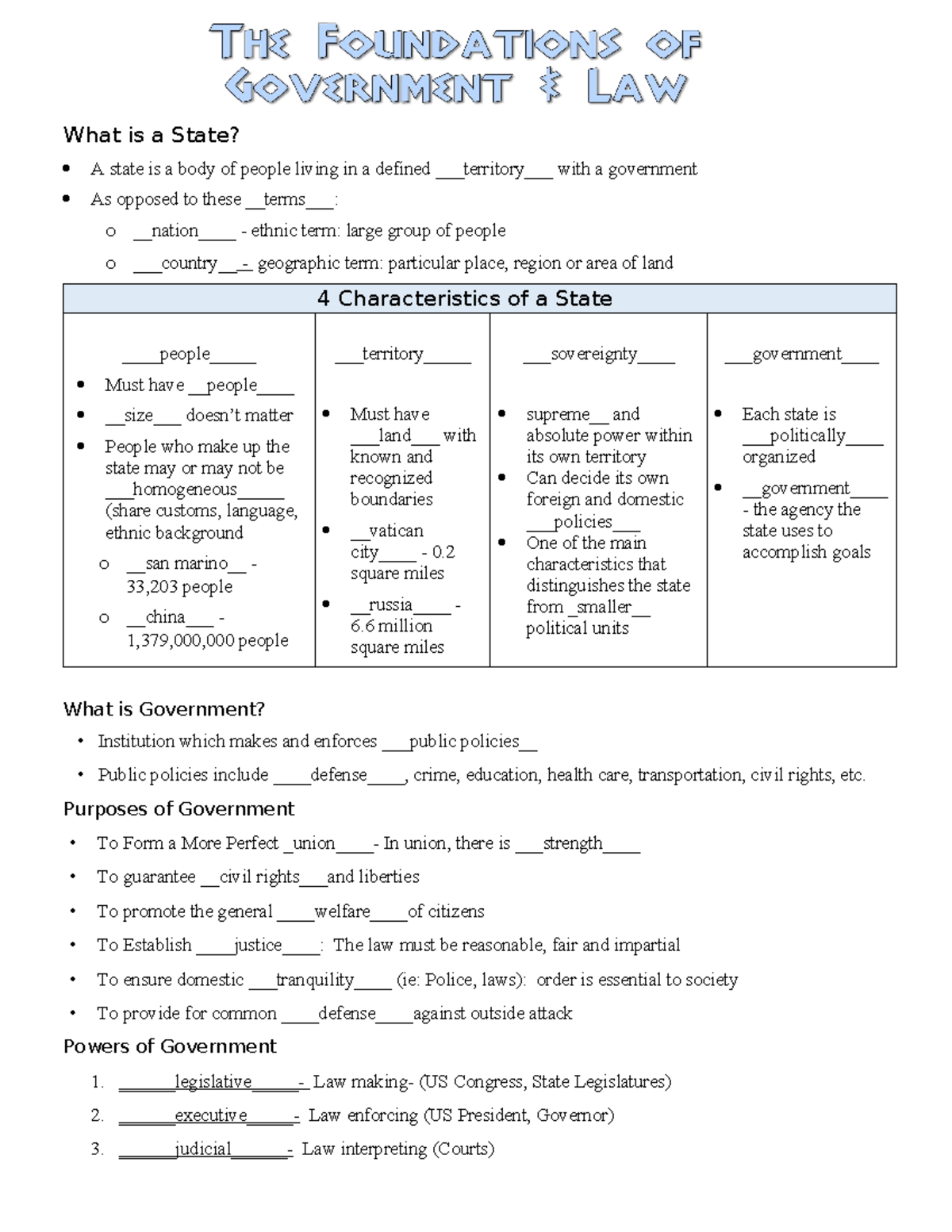 01 - The Purpose of Government Guided Notes Page - What is a State? A ...