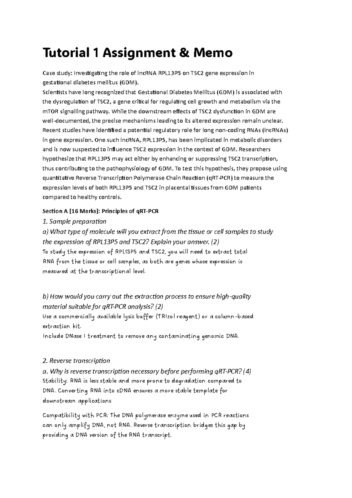 Tutorial 1 Assignment: Investigating lncRNA RPL13P5 in GDM - Studocu
