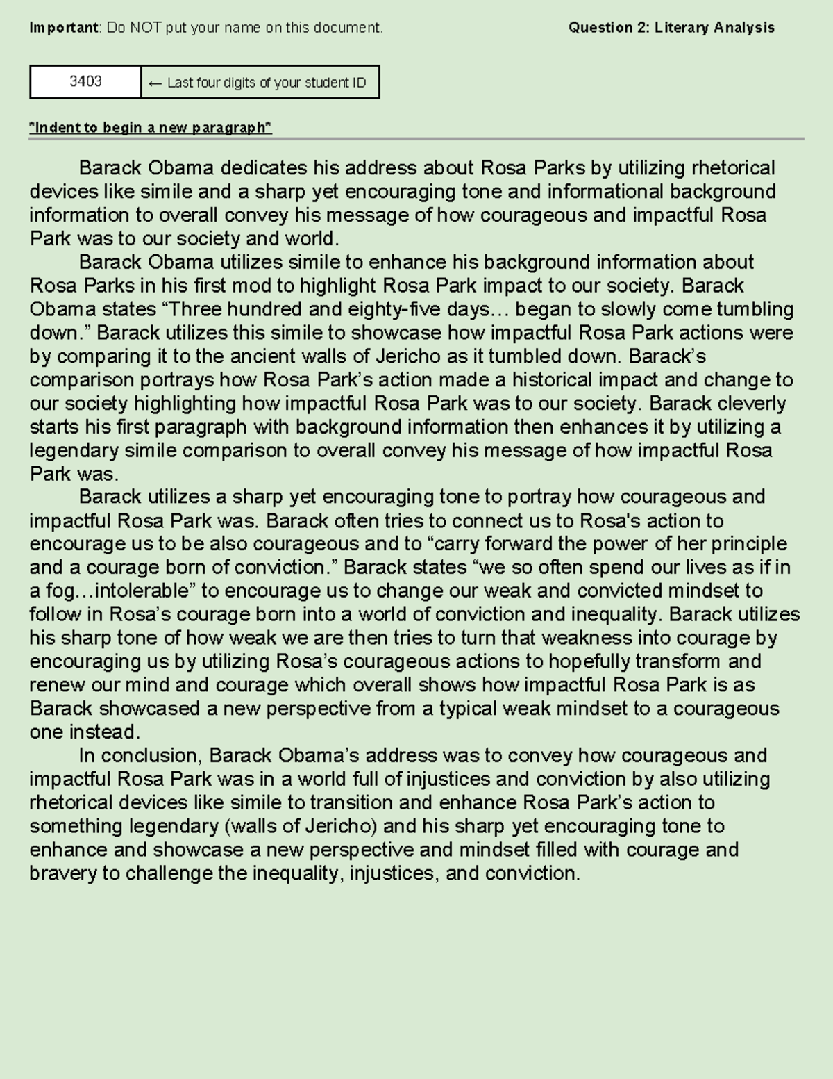 FRQ Sheet: Literary Analysis of Obama's Address on Rosa Parks - AP ...