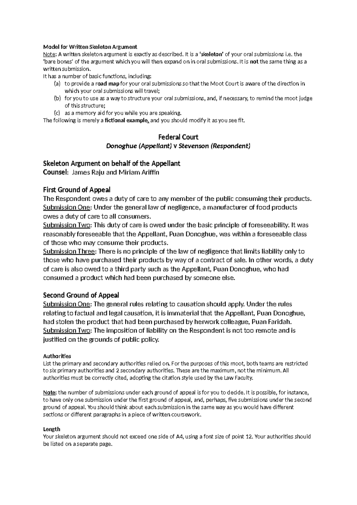 Moot Court Skeleton Argument Model: Donoghue v Stevenson Case Study ...