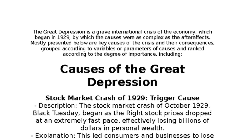 Causes and Consequences of the Great Depression (HIST 101) - Studocu