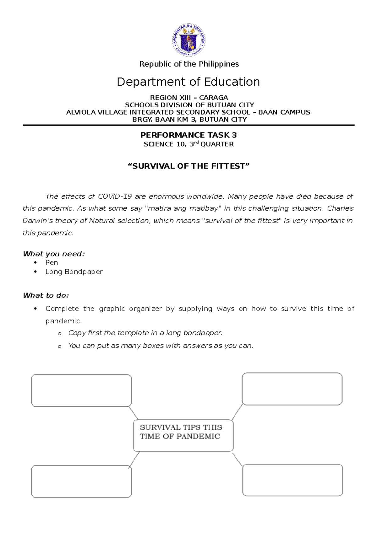 503391285 Performance Task 3: Science 10 Q3 - Survival of the Fittest ...
