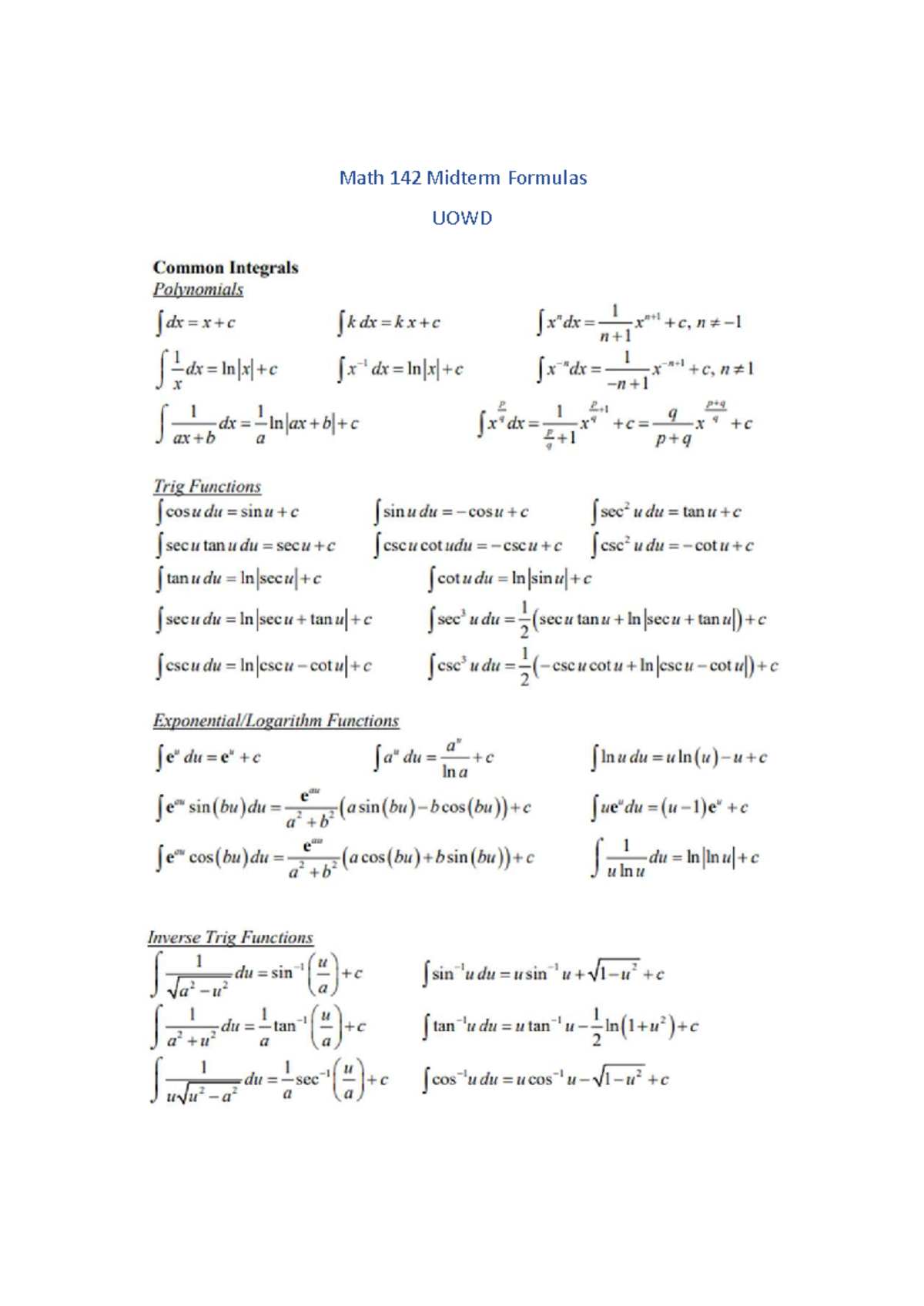 Math 142 Midterm Formula Sheet - Essential Identities & Formulas - Studocu