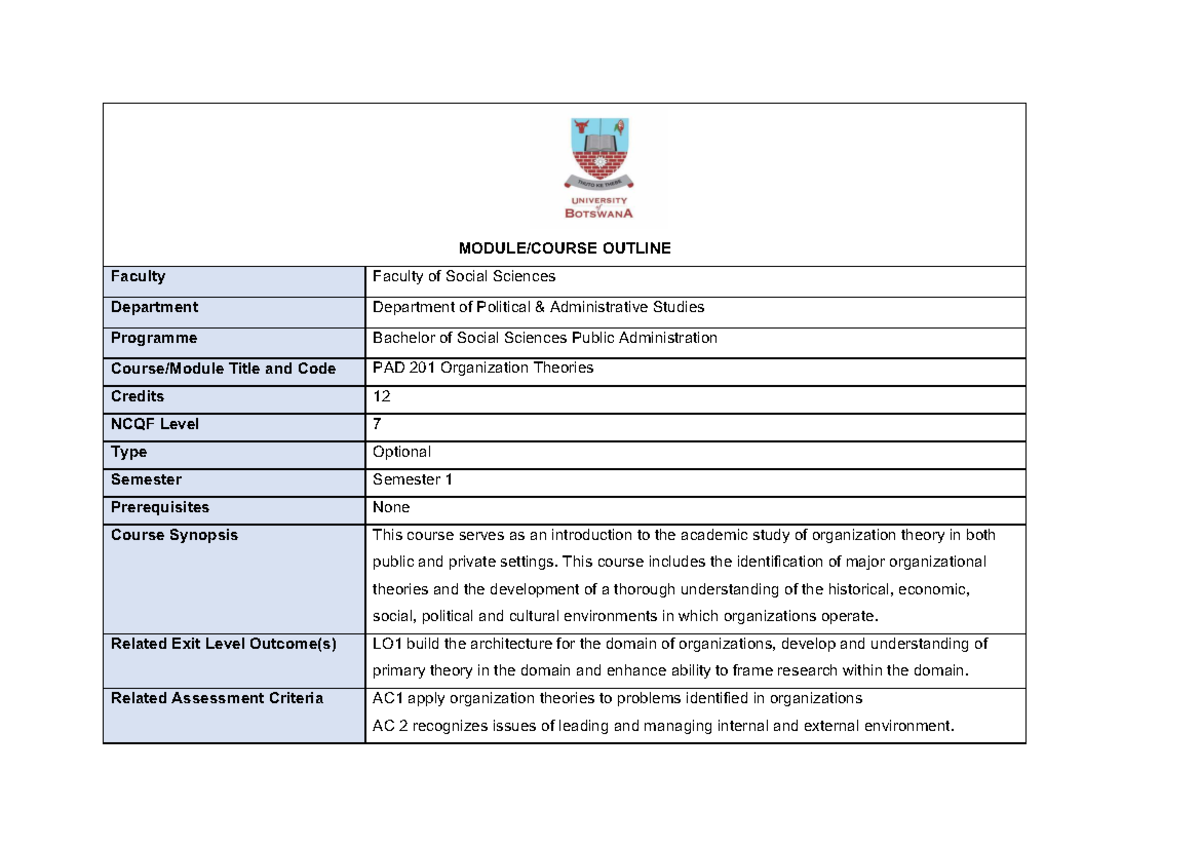 PAD 201 Organizational Theories Course Outline 2025 - Studocu