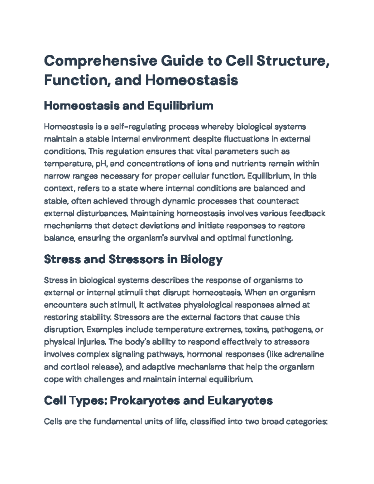 Comprehensive Study of Cell Structure, Function, and Homeostasis - Studocu