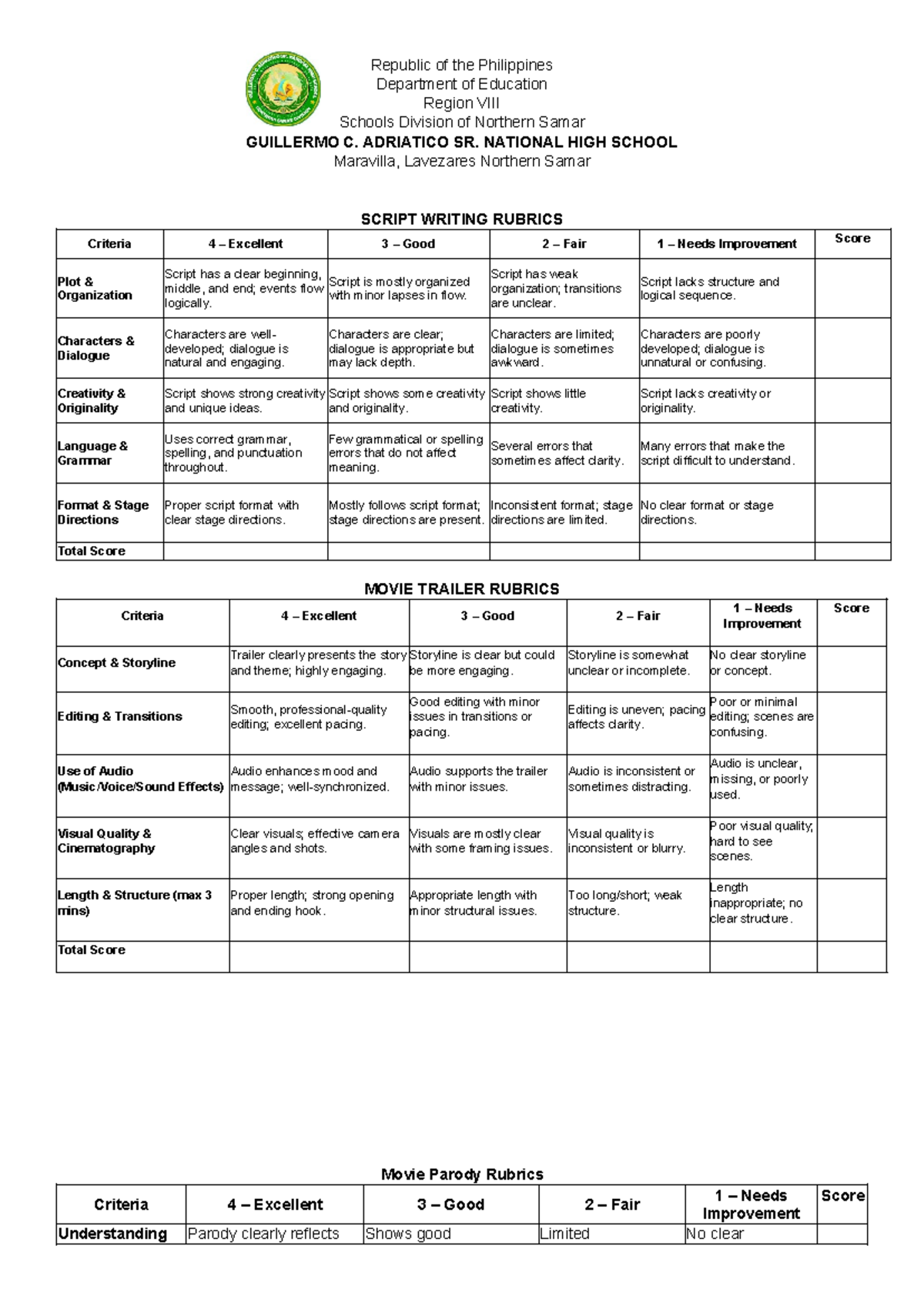 Script Writing and Movie Trailer Rubrics (GUILLERMO C. ADRIATICO SR ...