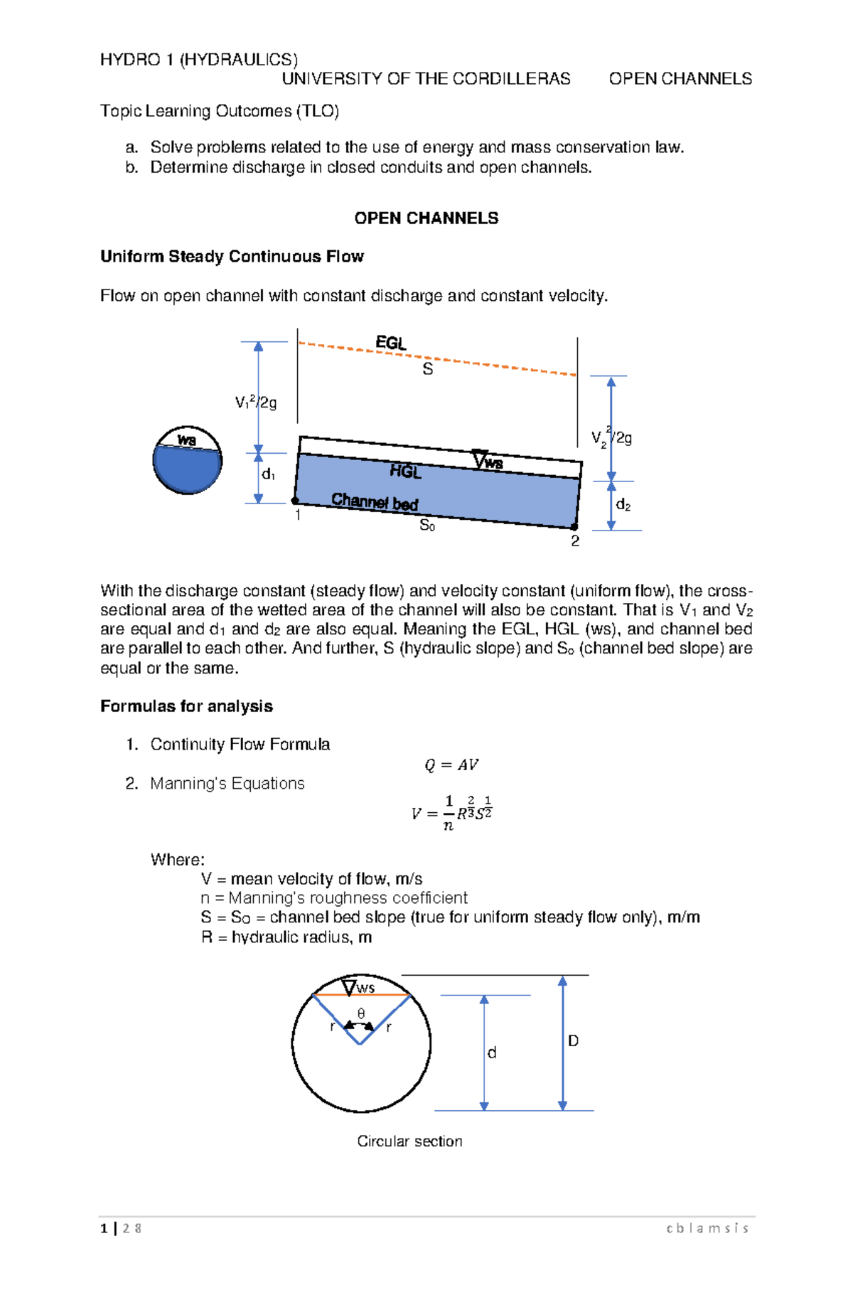 Hydro 1 - OPEN Channels - Lecture notes 1 - UNIVERSITY OF THE ...