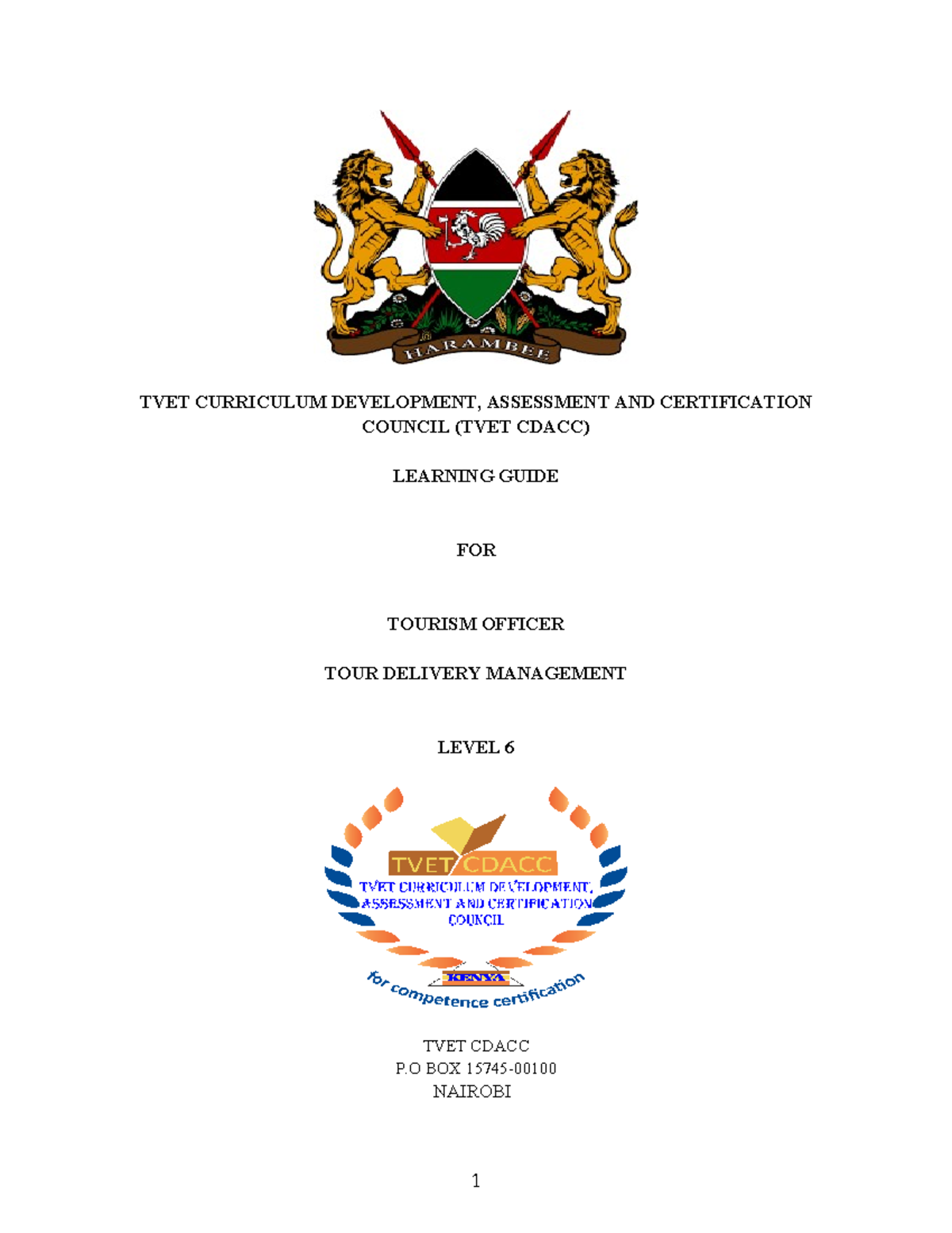 TVET CDACC Level 6 Learning Guide: Tour Delivery Management - Studocu