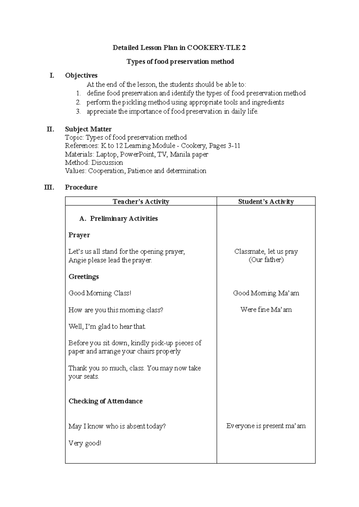 Detailed Lesson Plan on Food Preservation Methods (Labto) - Studocu