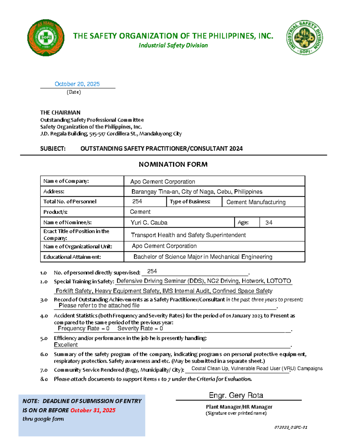 Outstanding Safety Practitioner Nomination - Apo Cement Corp. - Studocu