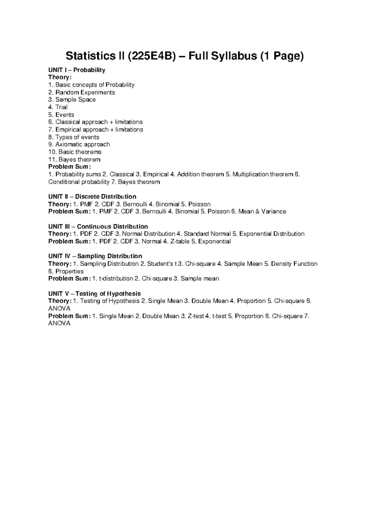 Statistics II (225E4B) Comprehensive One-Page Syllabus - Studocu