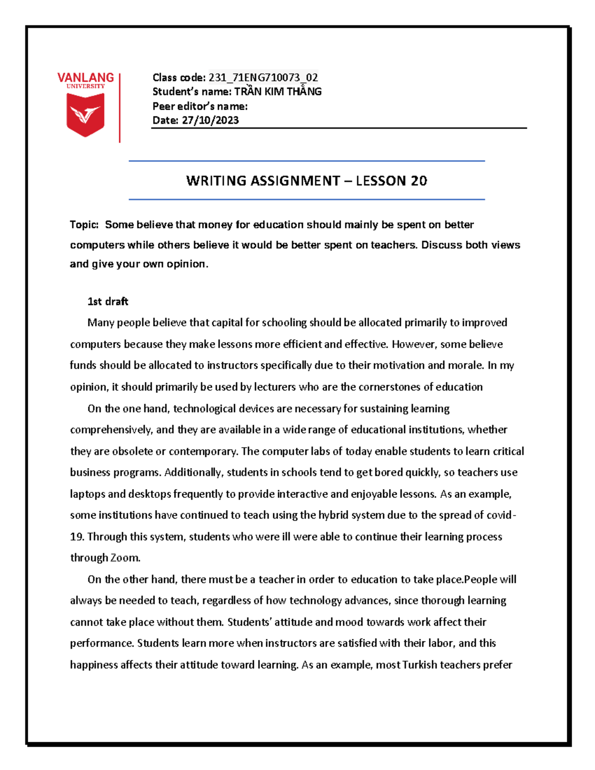 Thang-lesson 20-av7 - writing lesson20 - Class code: 231_71ENG710073 ...