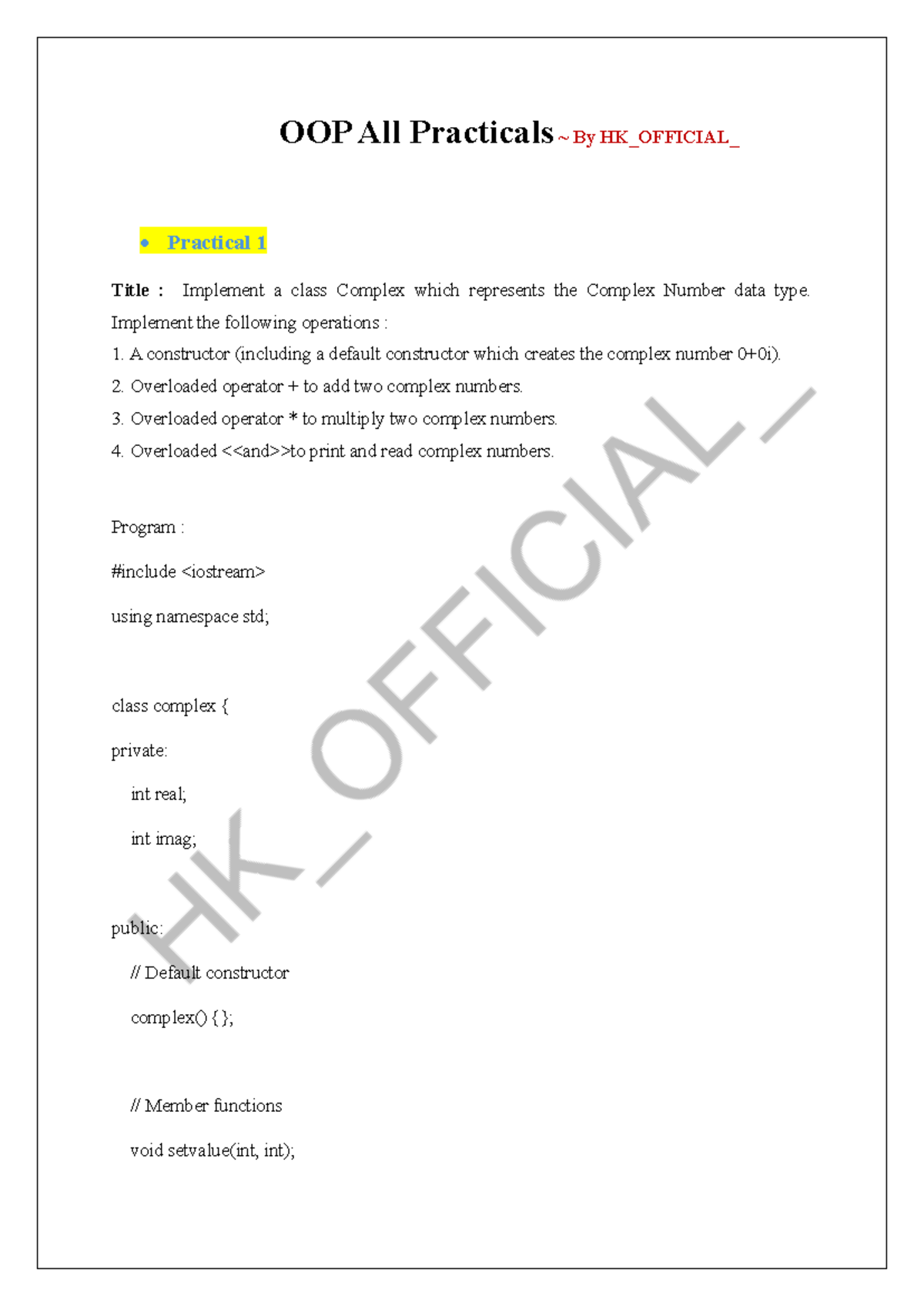 OOP Practicals (C++) - Comprehensive Guide by HK Official - Studocu