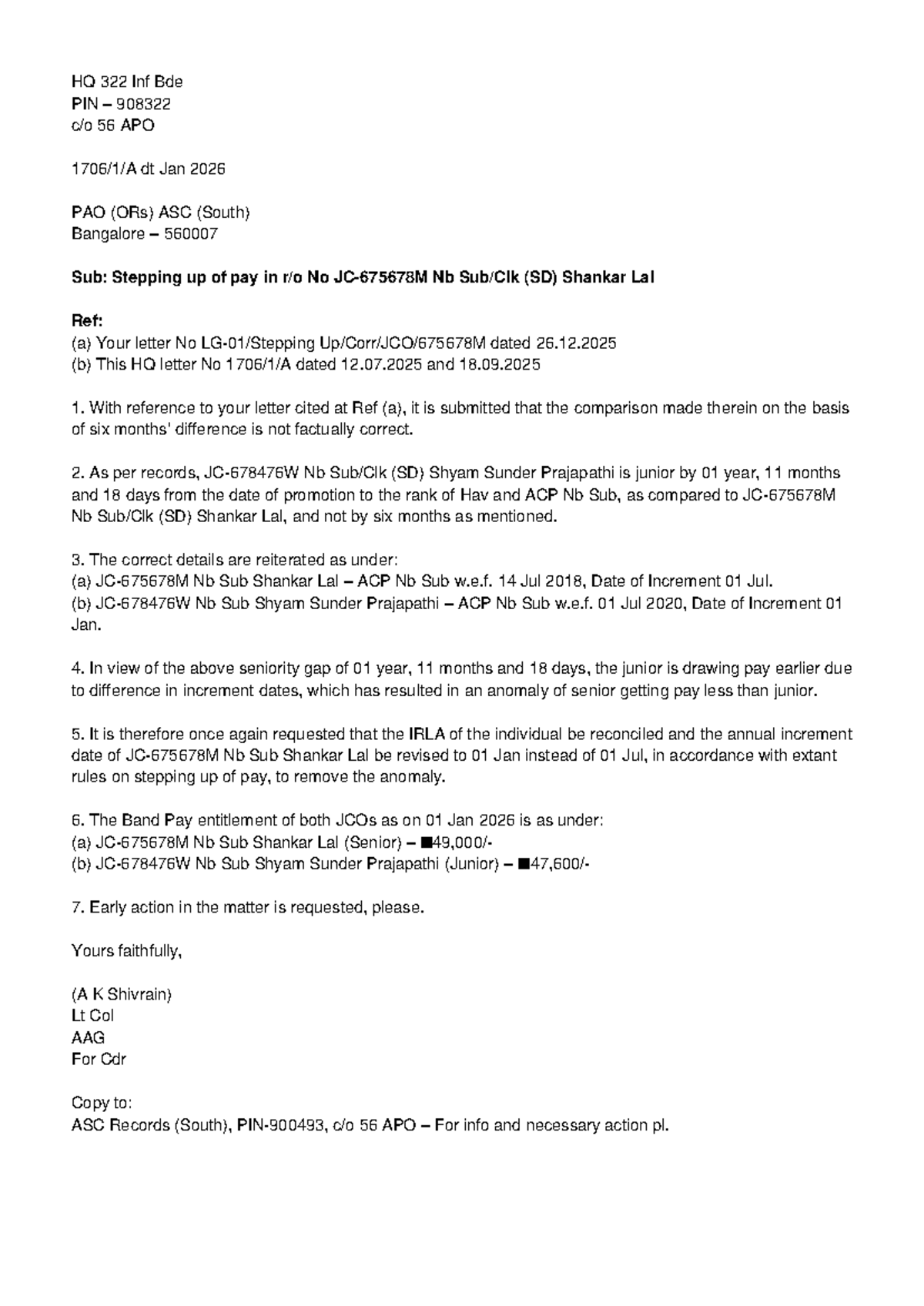 HQ 322 Inf Bde Pay Stepping Up Request for Nb Sub Shankar Lal - Studocu