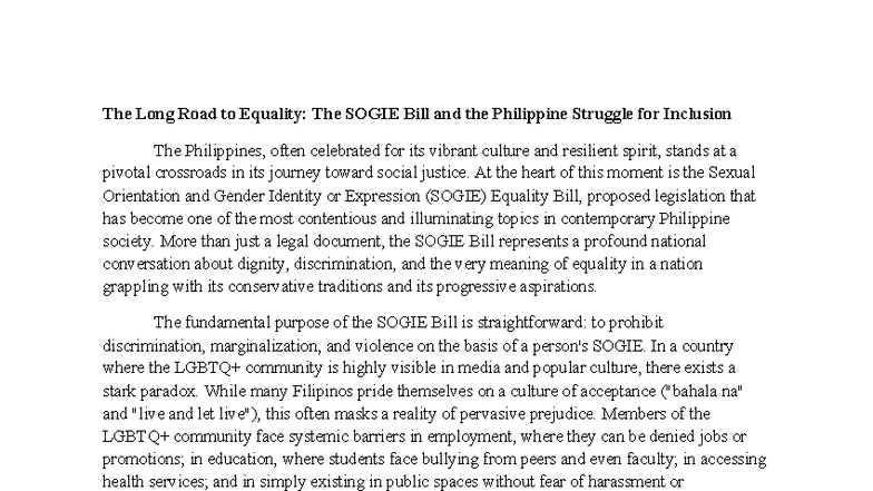 SOGIE Bill: A Critical Analysis of Equality in the Philippines - Studocu