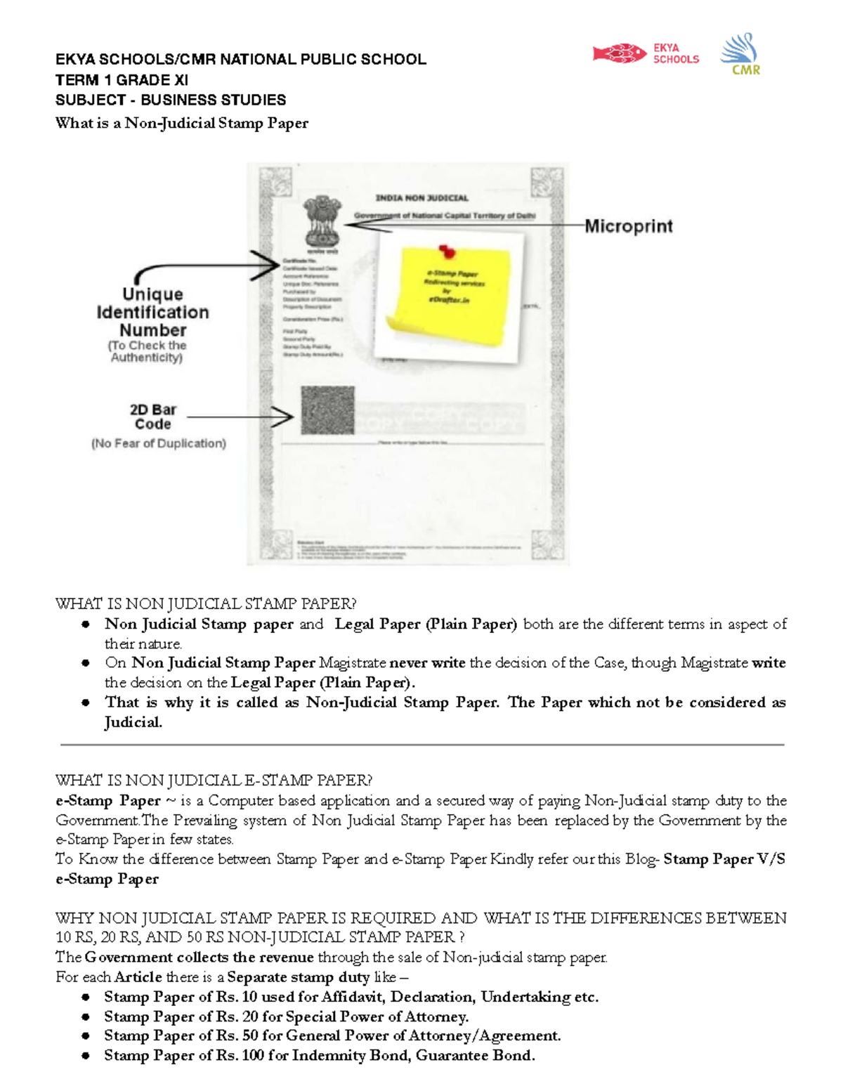 Business Studies Term 1 Notes: Understanding Non-Judicial Stamp Paper ...