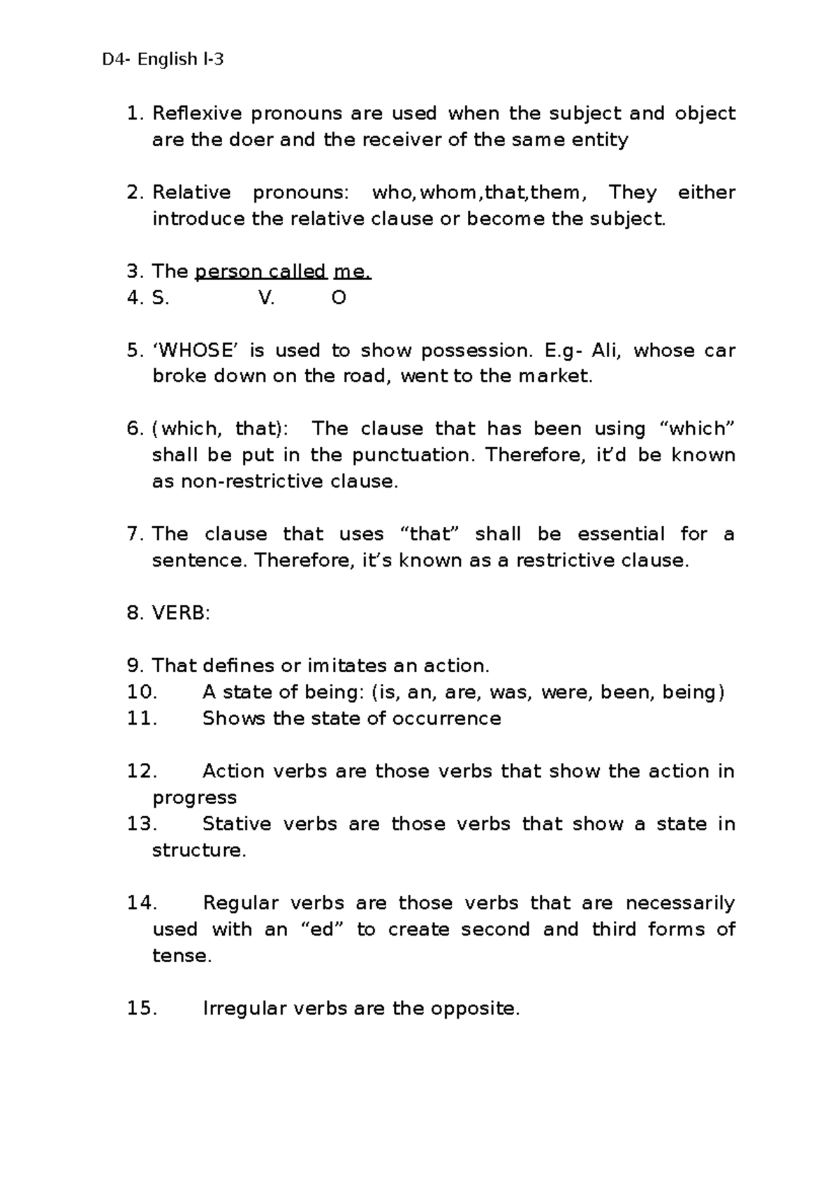 English 1: Overview of Pronouns and Verbs in Grammar - Studocu