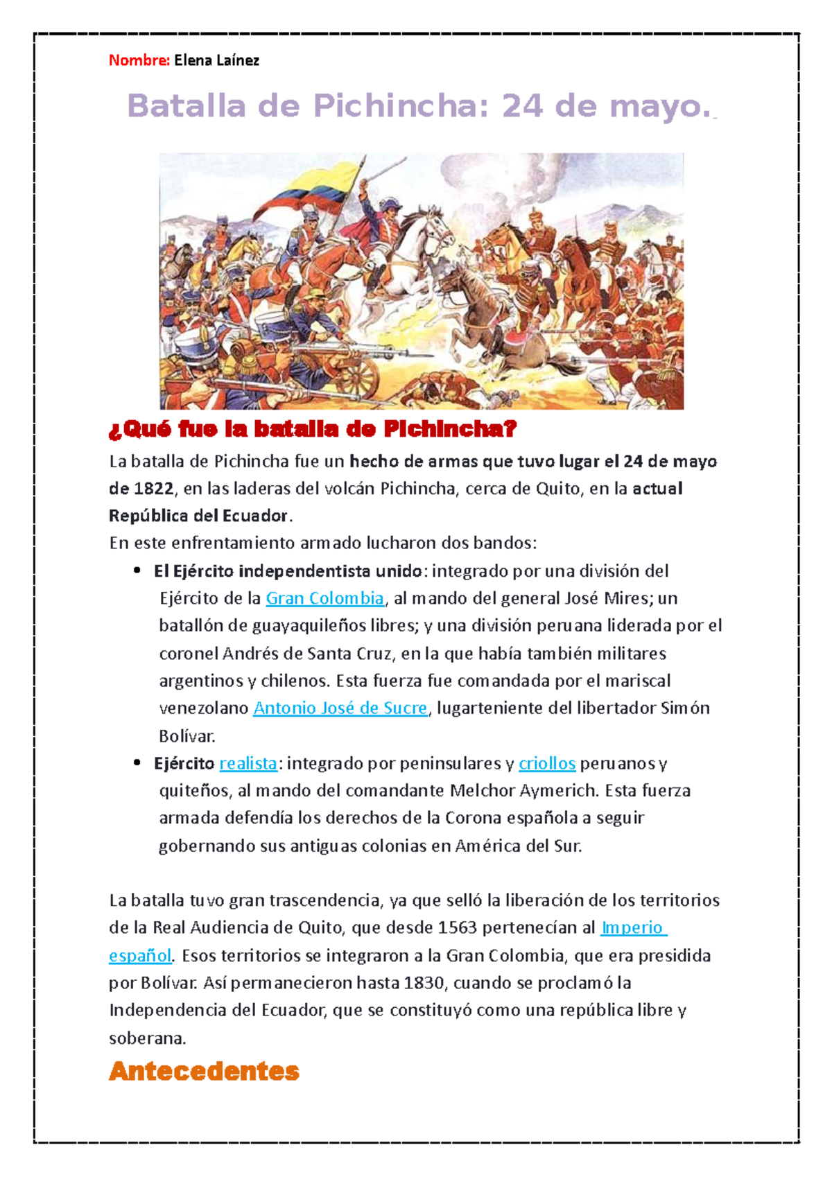 Batalla de Pichincha: Análisis y Consecuencias Históricas - Studocu
