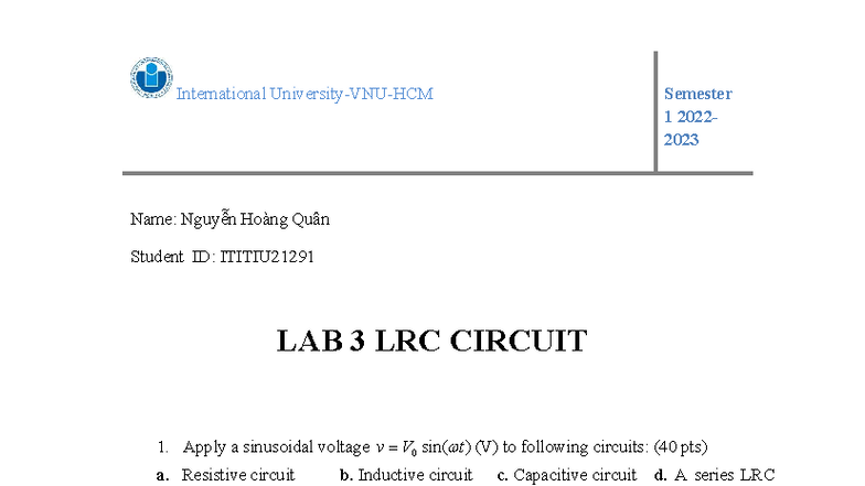 LAB 3: LRC Circuit Analysis - ITITIU21291 - Studocu