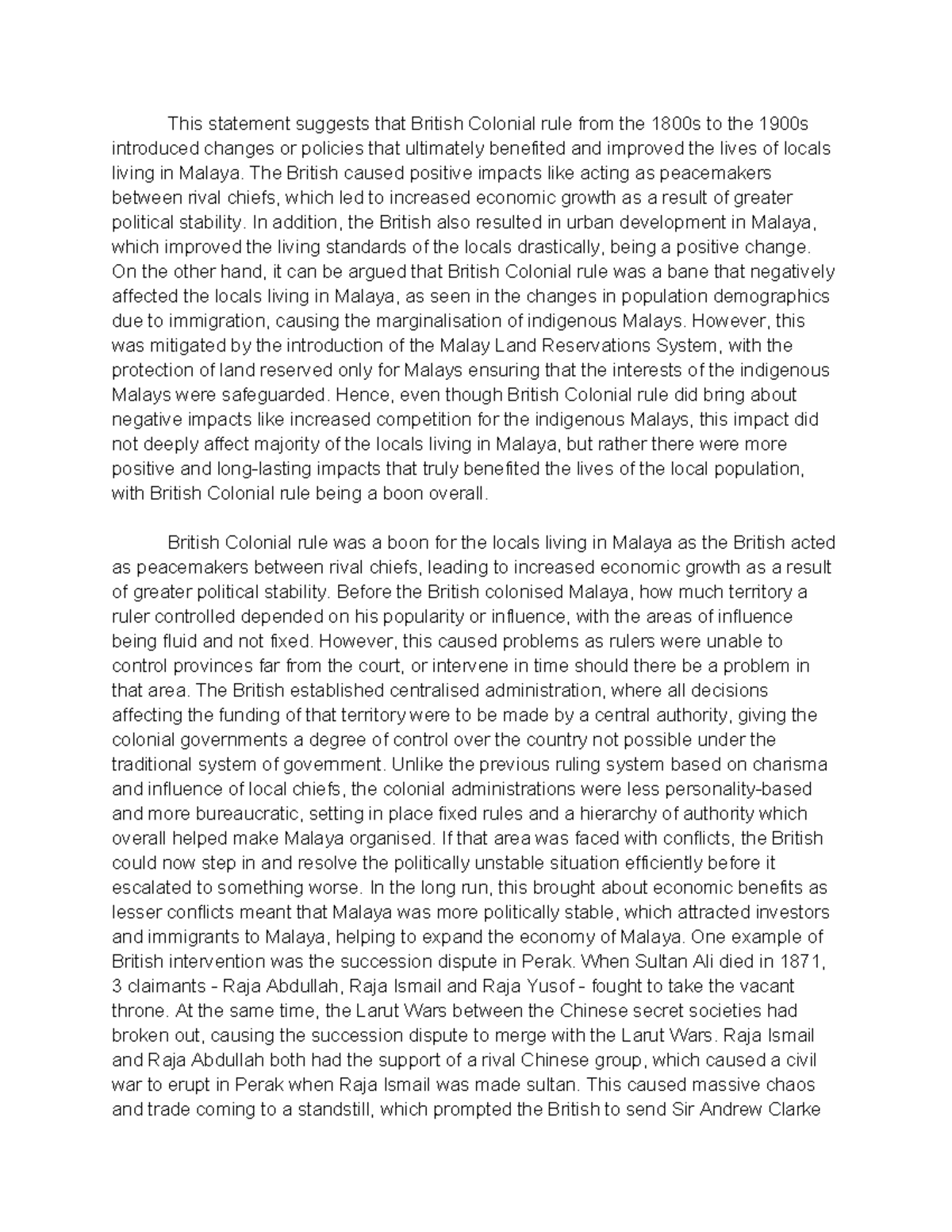 Unit 1 History Essay 1: The Boon of British Colonial Rule in Malaya ...