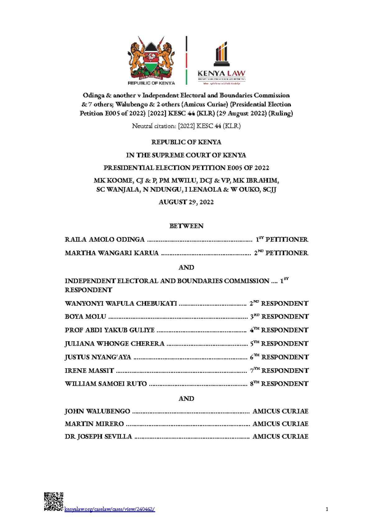 Presidential Election Petition E005 of 2022: Amicus Curiae Ruling - Studocu