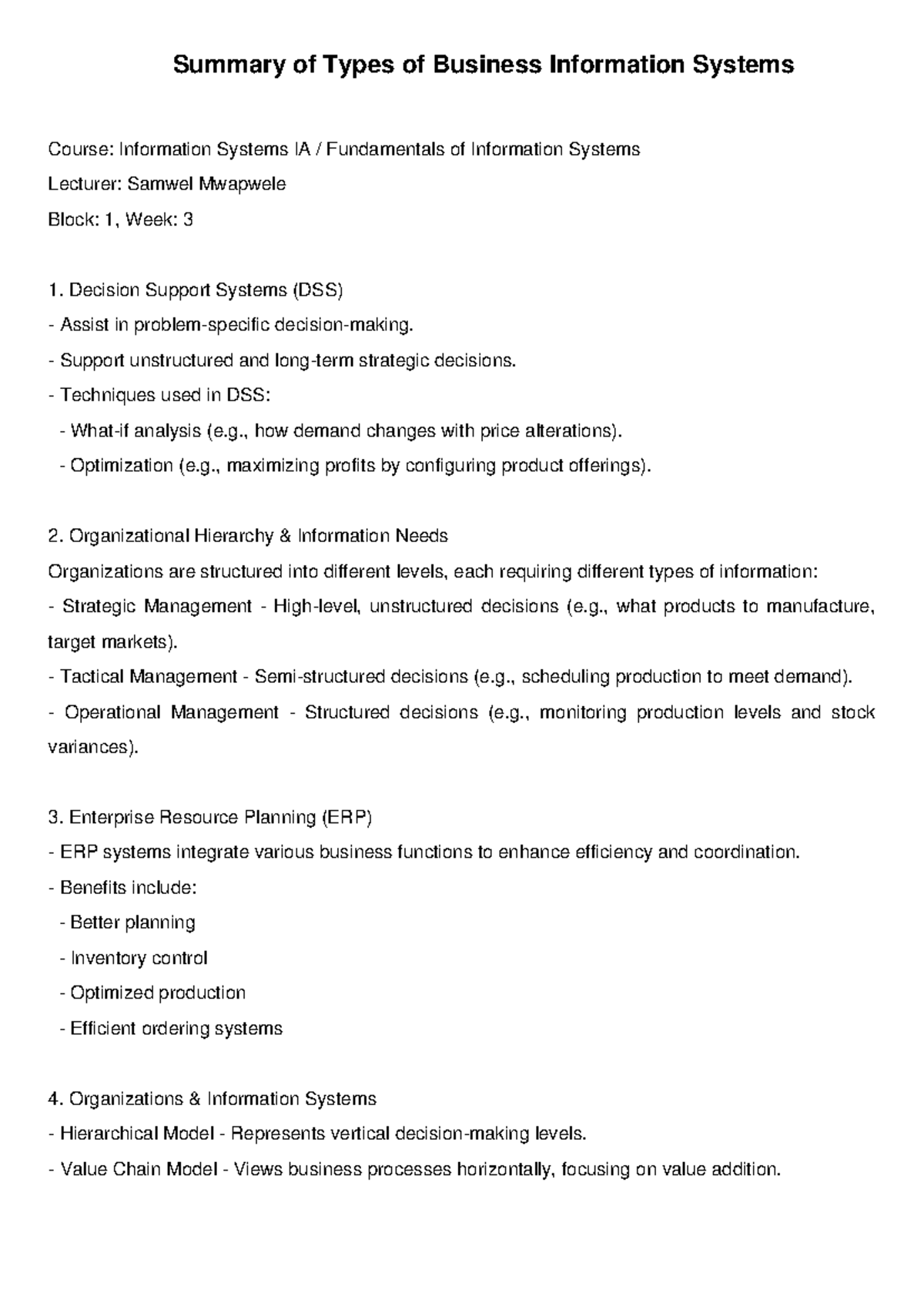 Business info systems summary - Summary of Types of Business ...