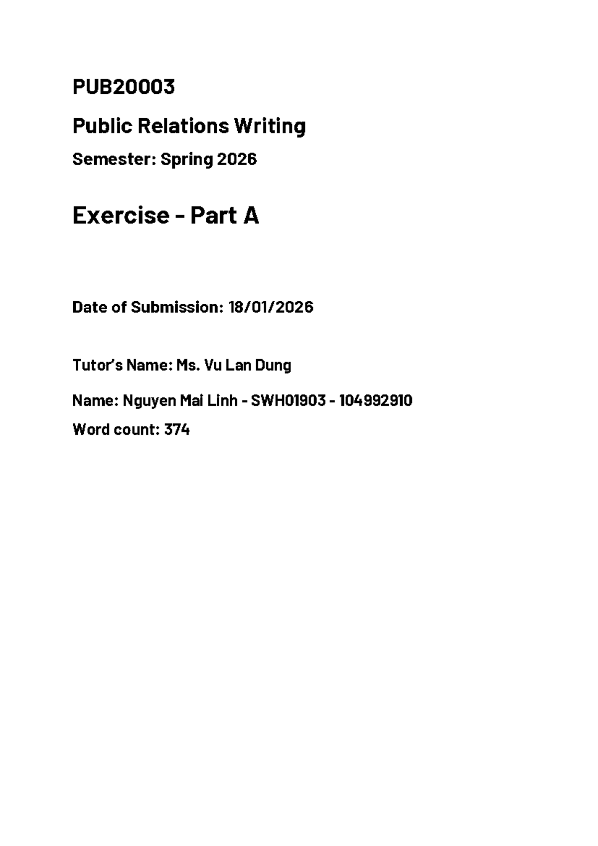 SWH01903 Public Relations Writing Exercise - Part A Overview - Studocu
