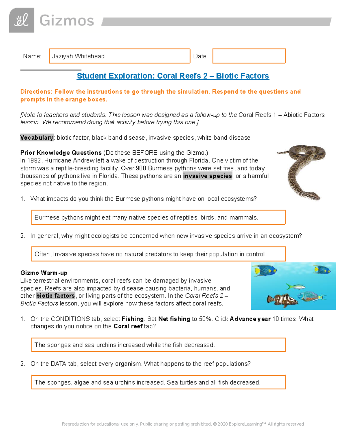 Coral Reefs 2 - Biotic Factors Exploration (Gizmo) - Studocu