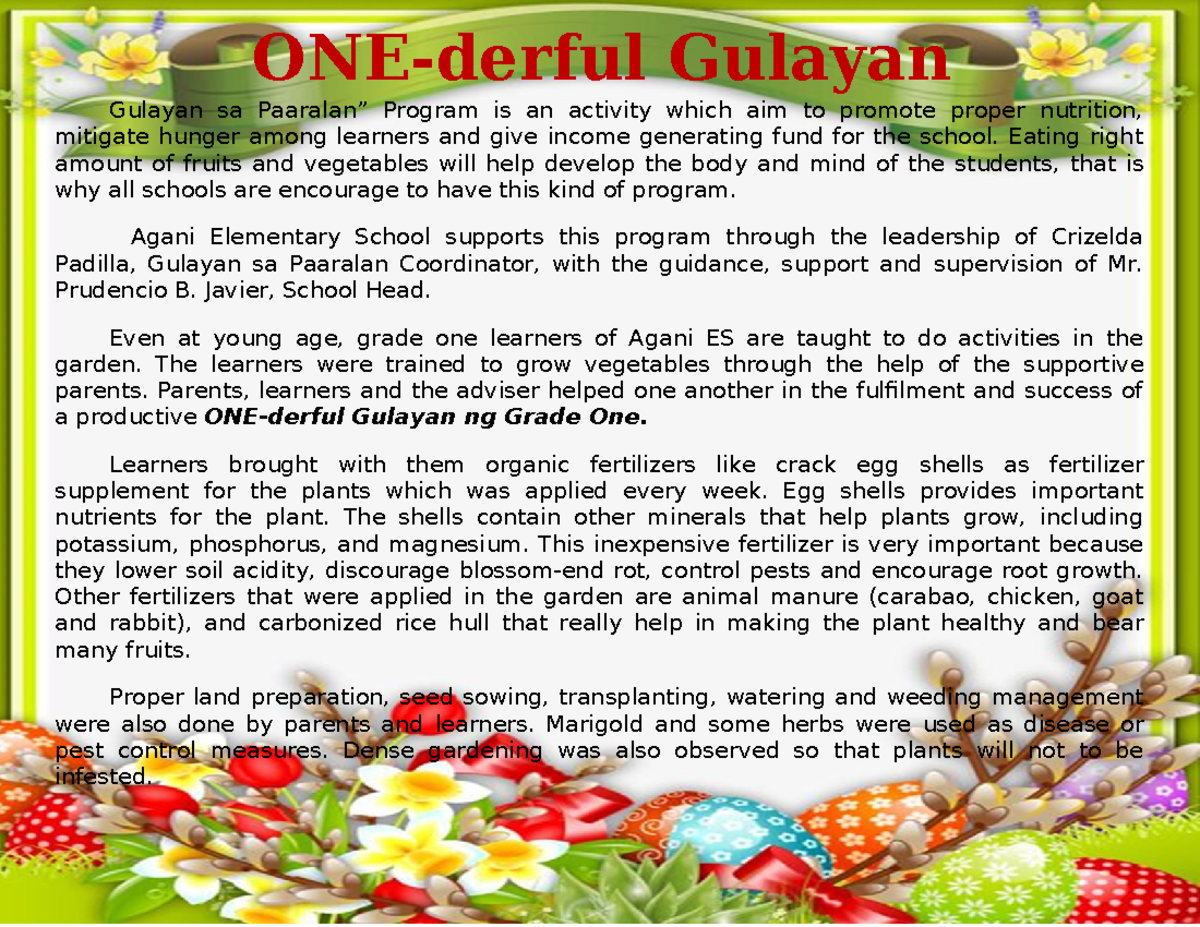 Gulayan sa Paaralan: Promoting Nutrition and Gardening in Schools - Studocu