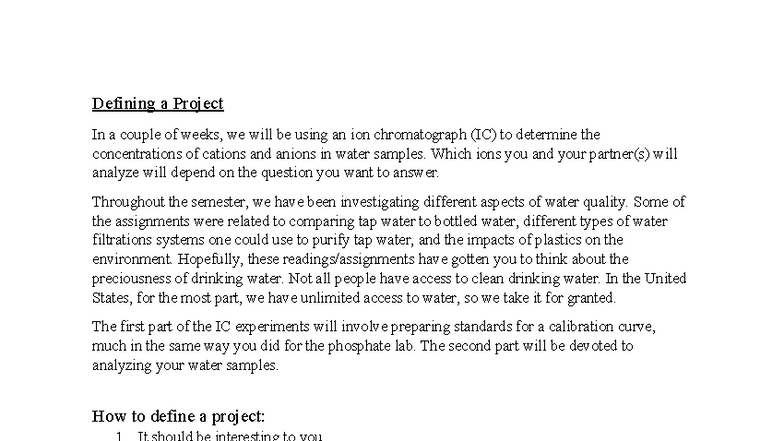 Defining a Project: Analyzing Water Quality with IC Techniques - Studocu