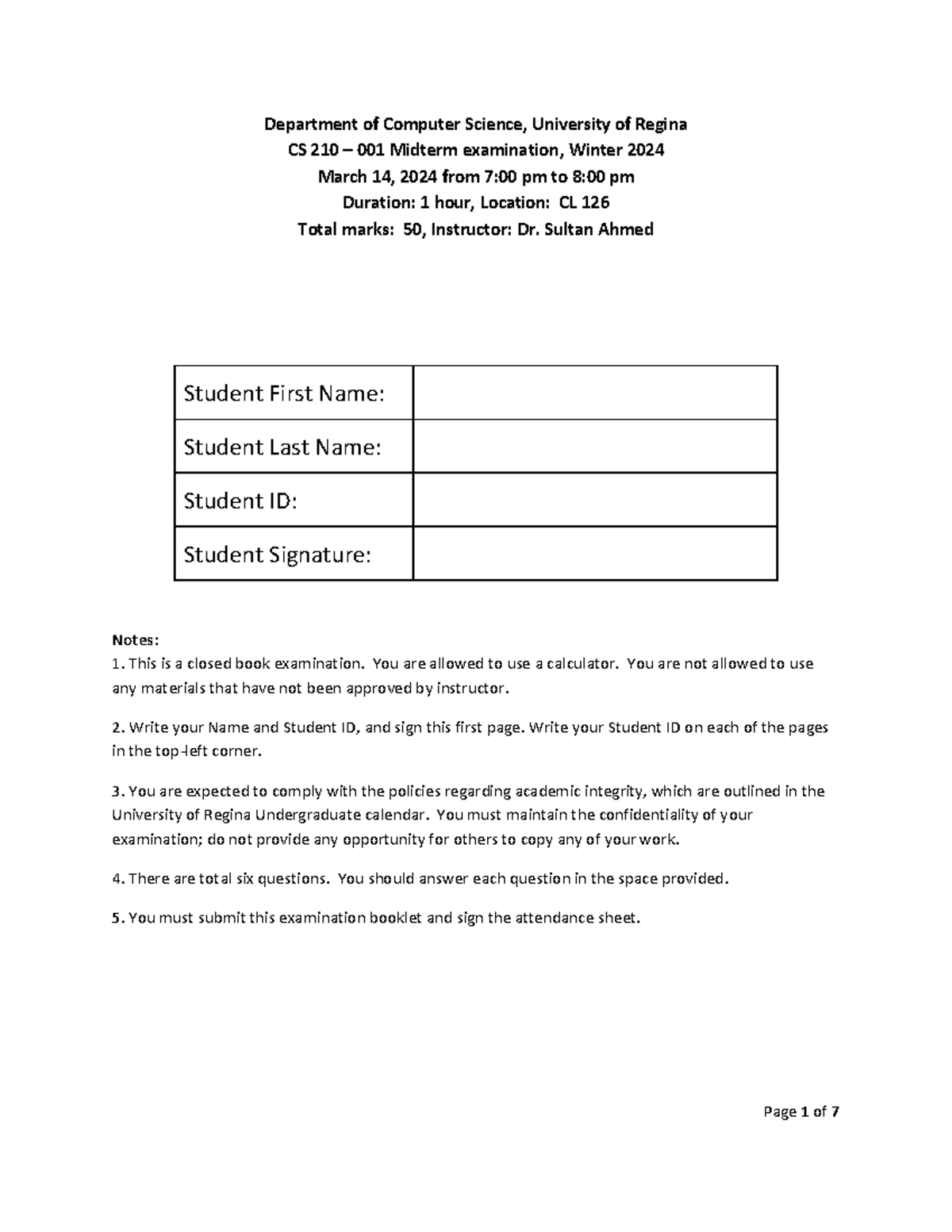 CS 210 001 Midterm Exam Notes - Winter 2024, University of Regina - Studocu