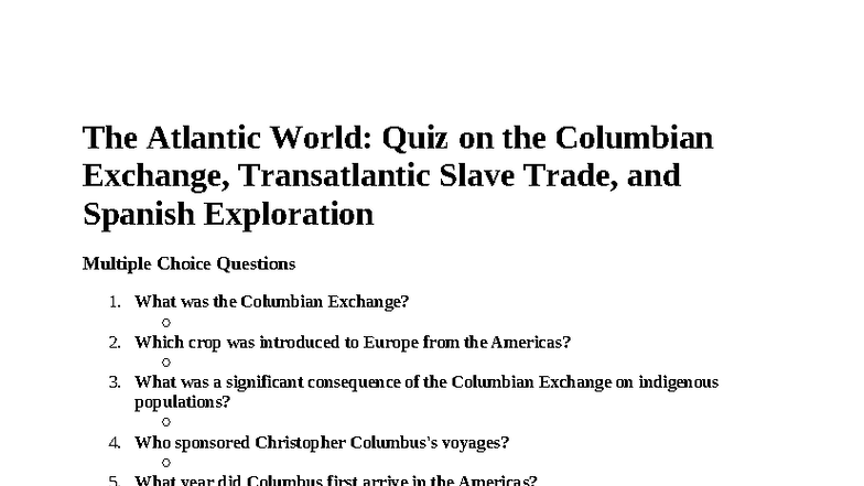 The Atlantic World: Quiz on Columbian Exchange & Slave Trade - Studocu