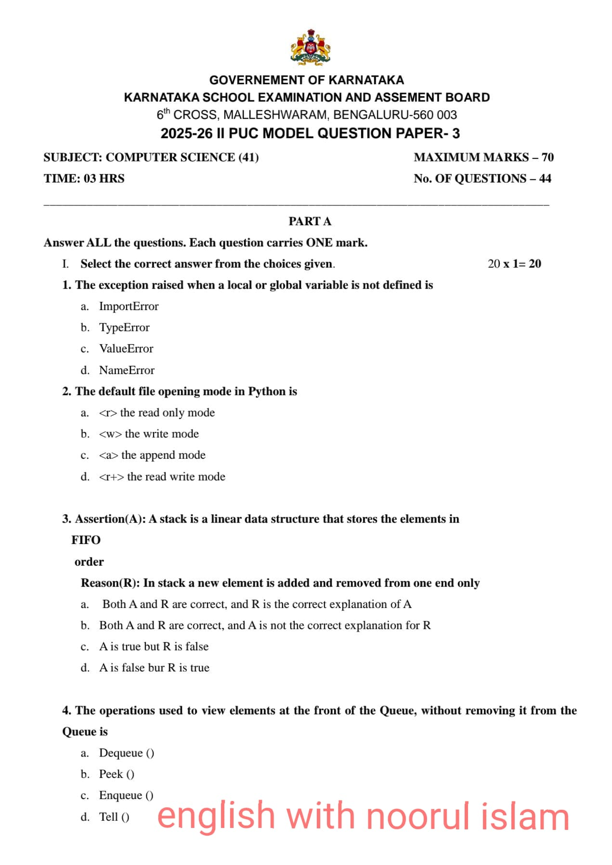 II PUC Computer Science Model Question Paper 41 (2025-26) - Studocu