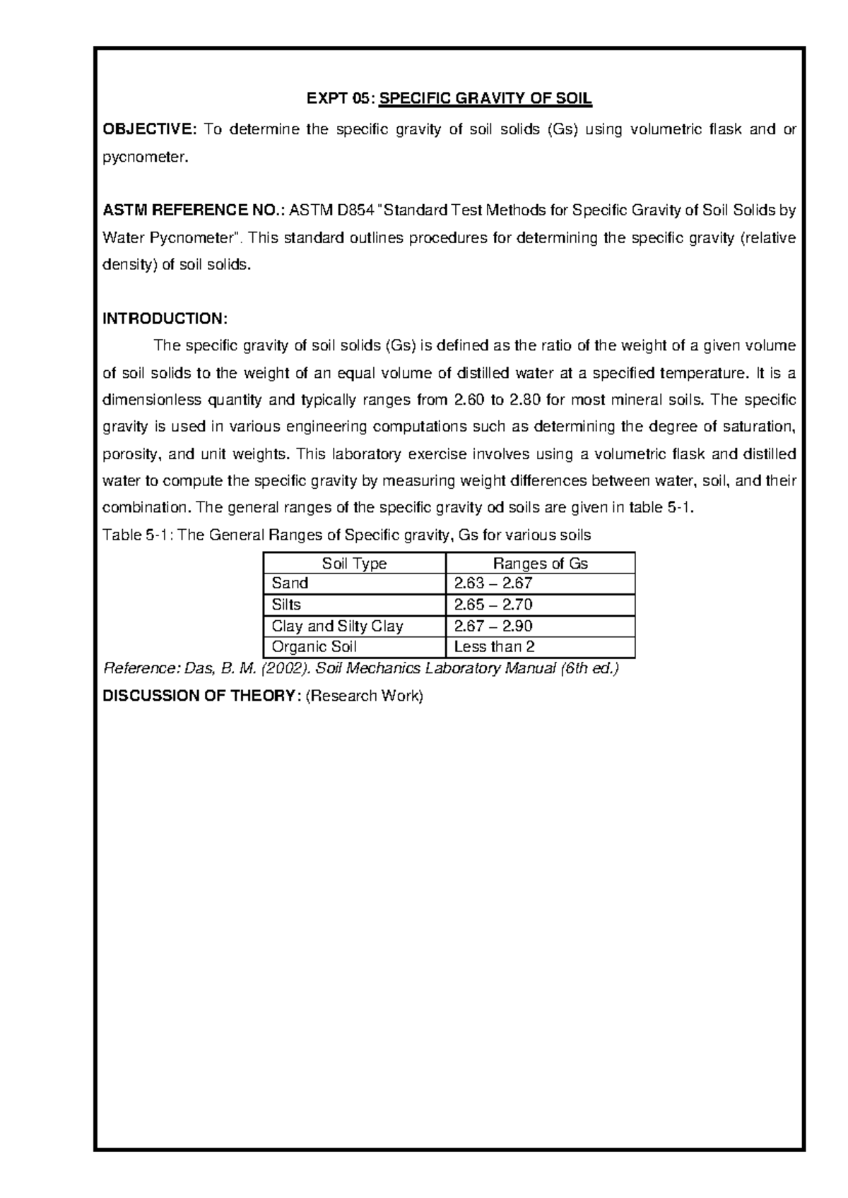EXPT 05: Specific Gravity of Soil Solids - Lab Procedure and Results - Studocu