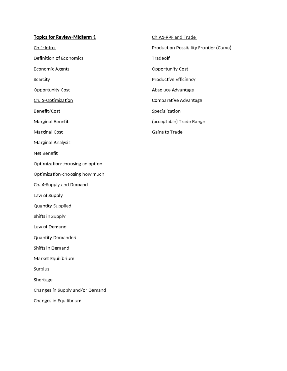 Midterm 1 Review Topics: Economics, Supply and Demand, Optimization ...